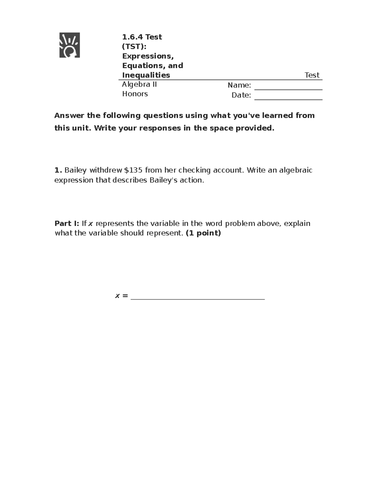 1 6 4 Test TST Expressions Equations And Inequalities Test 1 