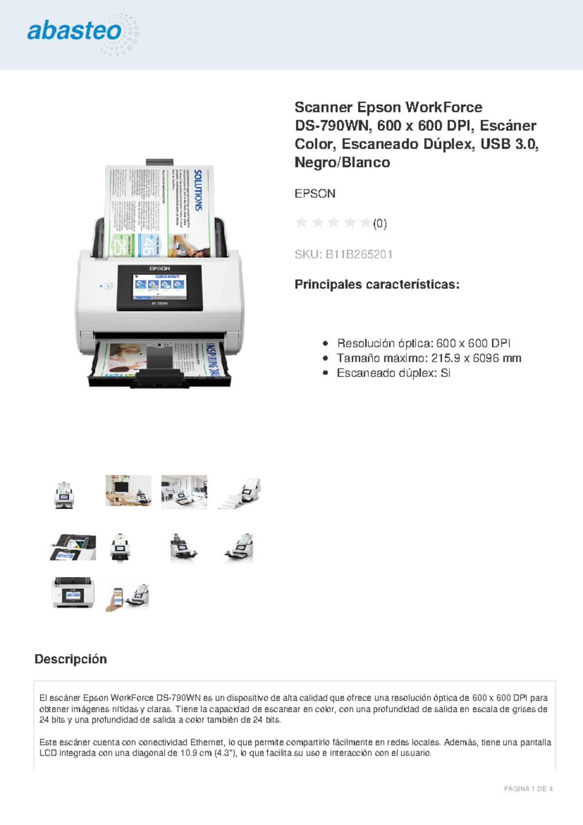 Product details B11B265201 - Scanner Epson WorkForce DS-790WN, 600 x ...