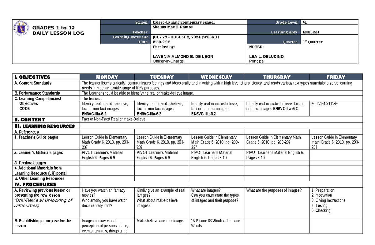 DLL English 6 Q1 W1 - DLL - GRADES 1 to 12 DAILY LESSON LOG School ...