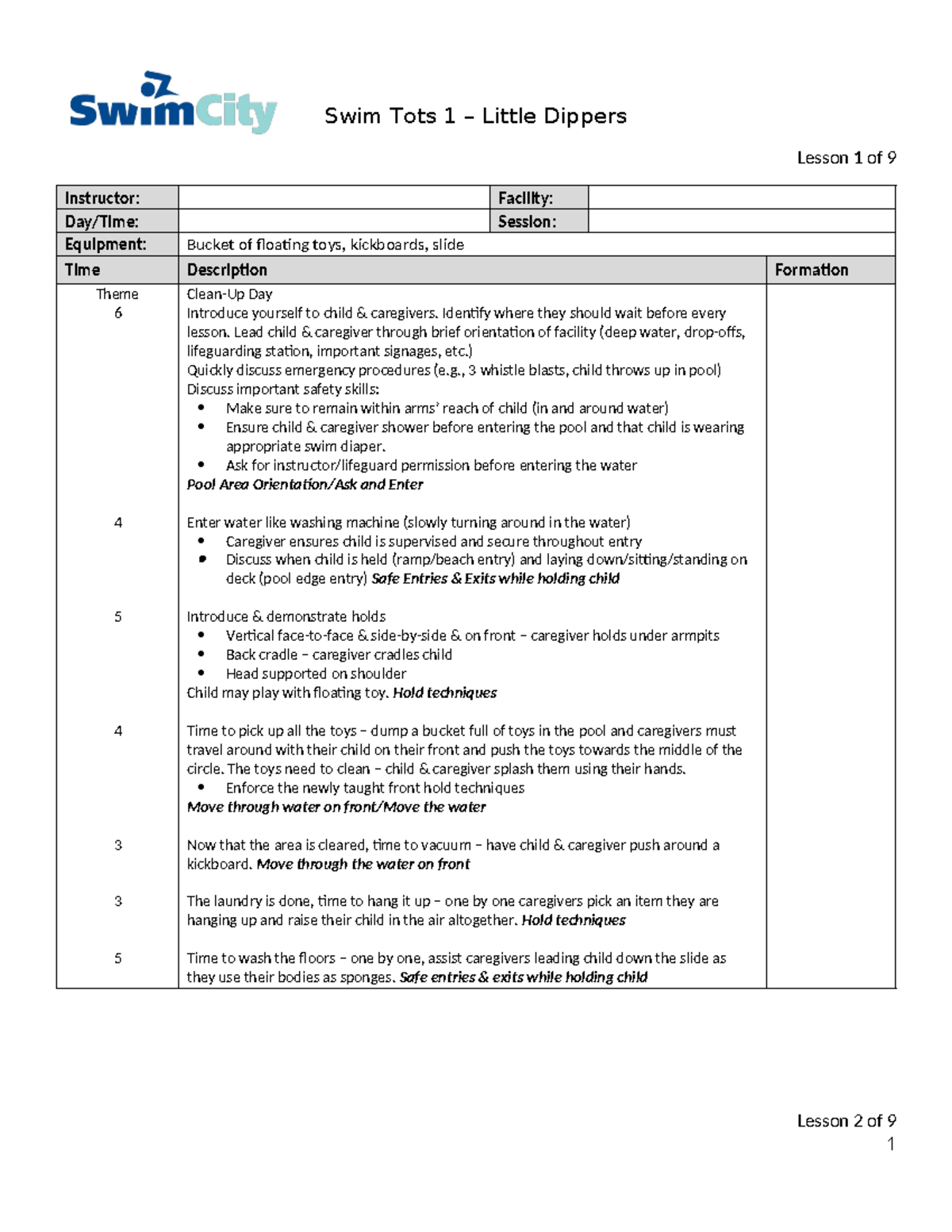 Swim Tots Resources\ 1 - Little Dippers\Daily Lesson Plans (9 weeks ...