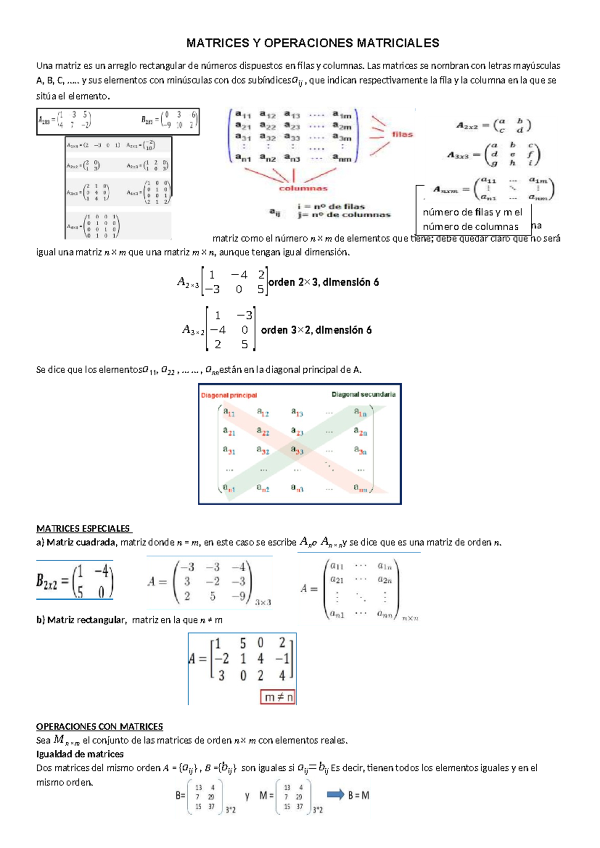 Formulas de matrices y operaciones matriciales - MATRICES Y OPERACIONES ...