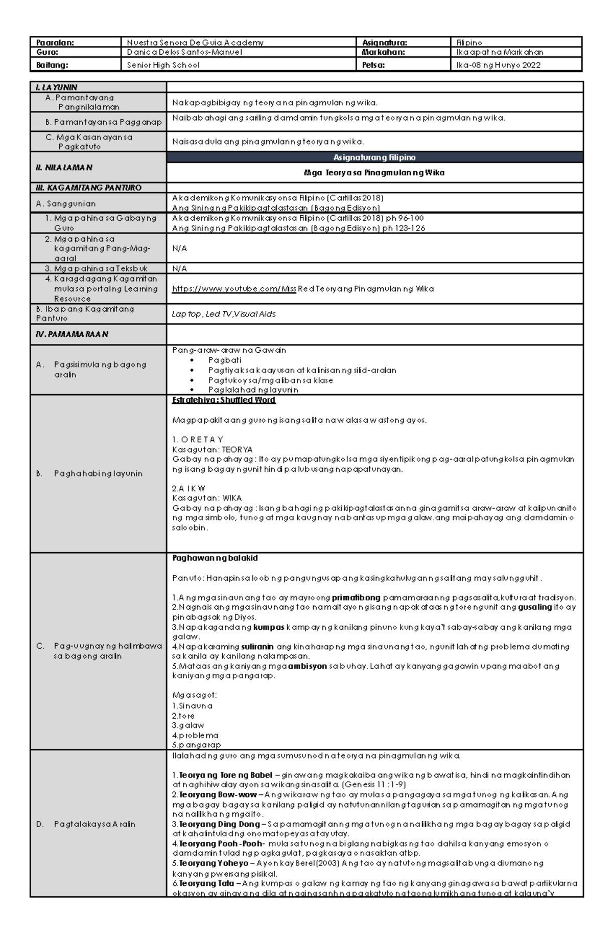 DLL Danica Delos Santos - Nsdga 1 - Paaralan: Nuestra Senora De Guia ...