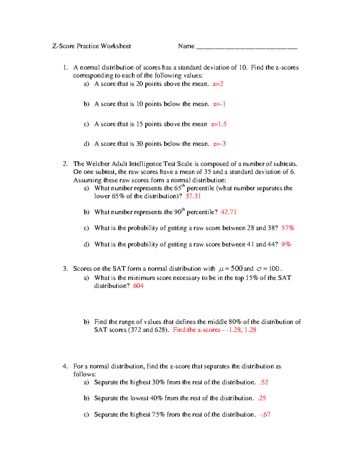 Z score worksheet solutions 1axy8n7 - Z-Score Practice Worksheet Name