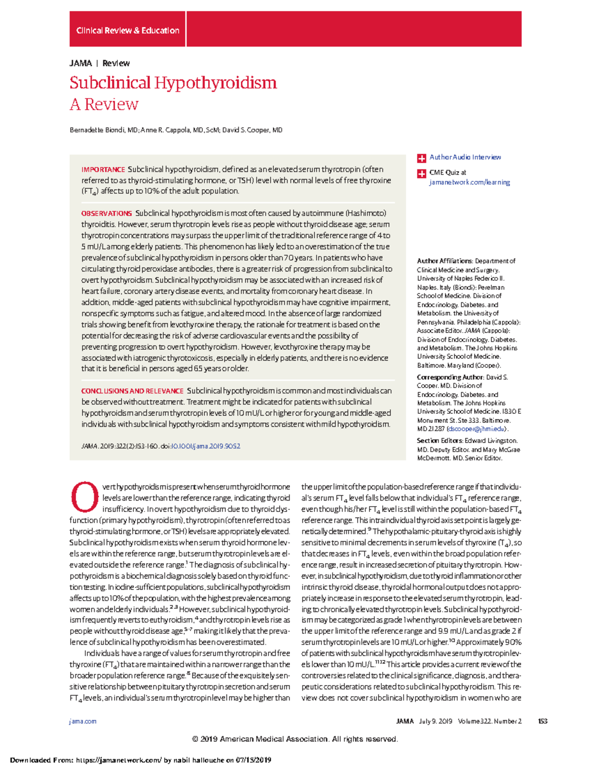 Hipotiroidismo JAMA - Subclinical Hypothyroidism A Review Bernadette ...