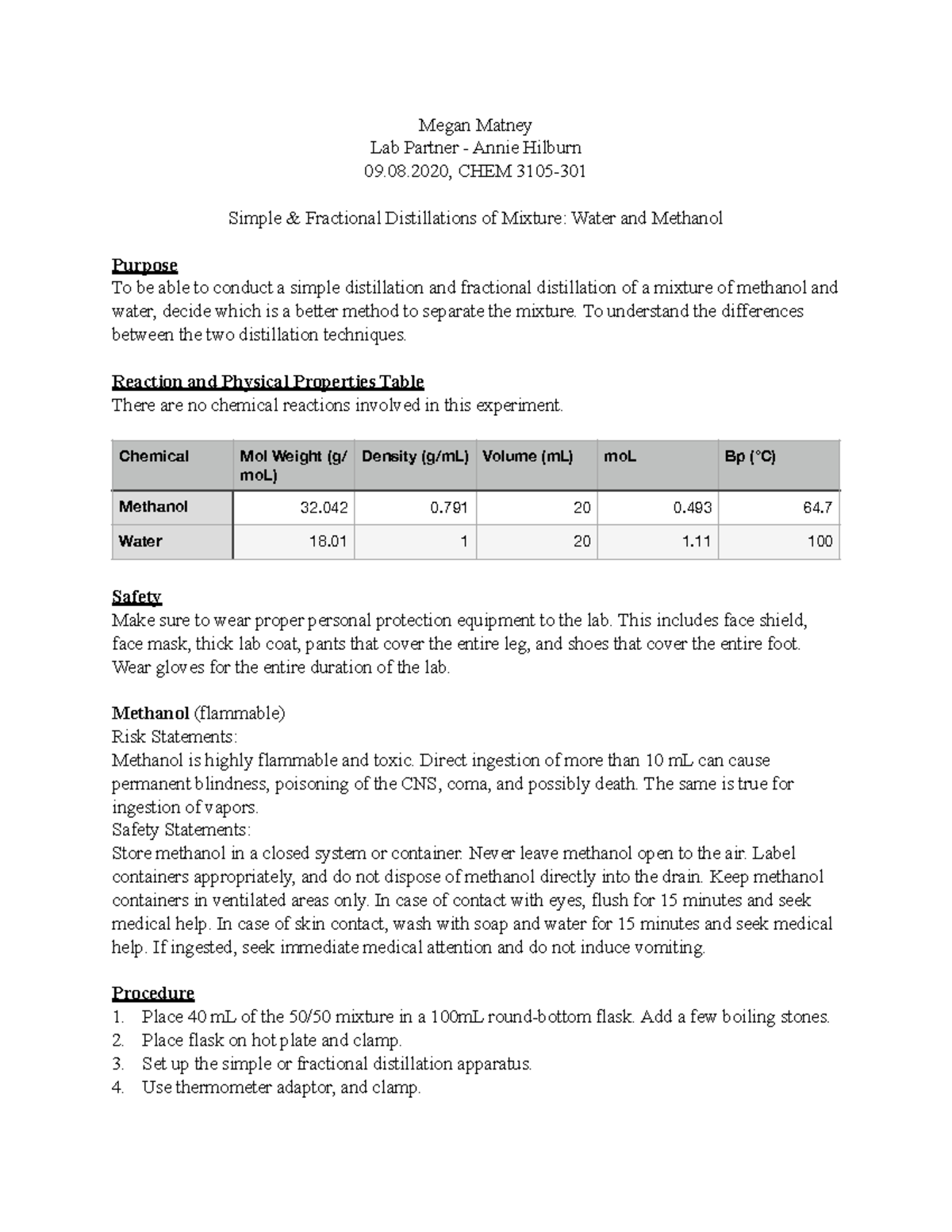 Simple and Fractional Distillation - Megan Matney Lab Partner - Annie ...