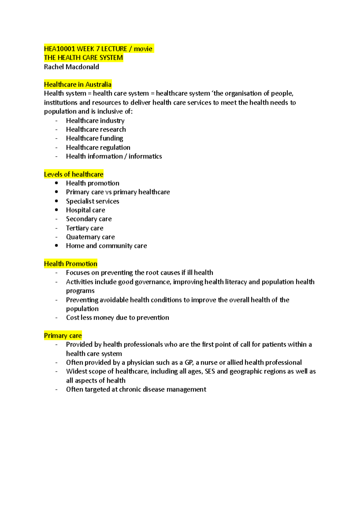 WEEK 7 Lecture - Notes - HEA10001 WEEK 7 LECTURE / movie THE HEALTH ...
