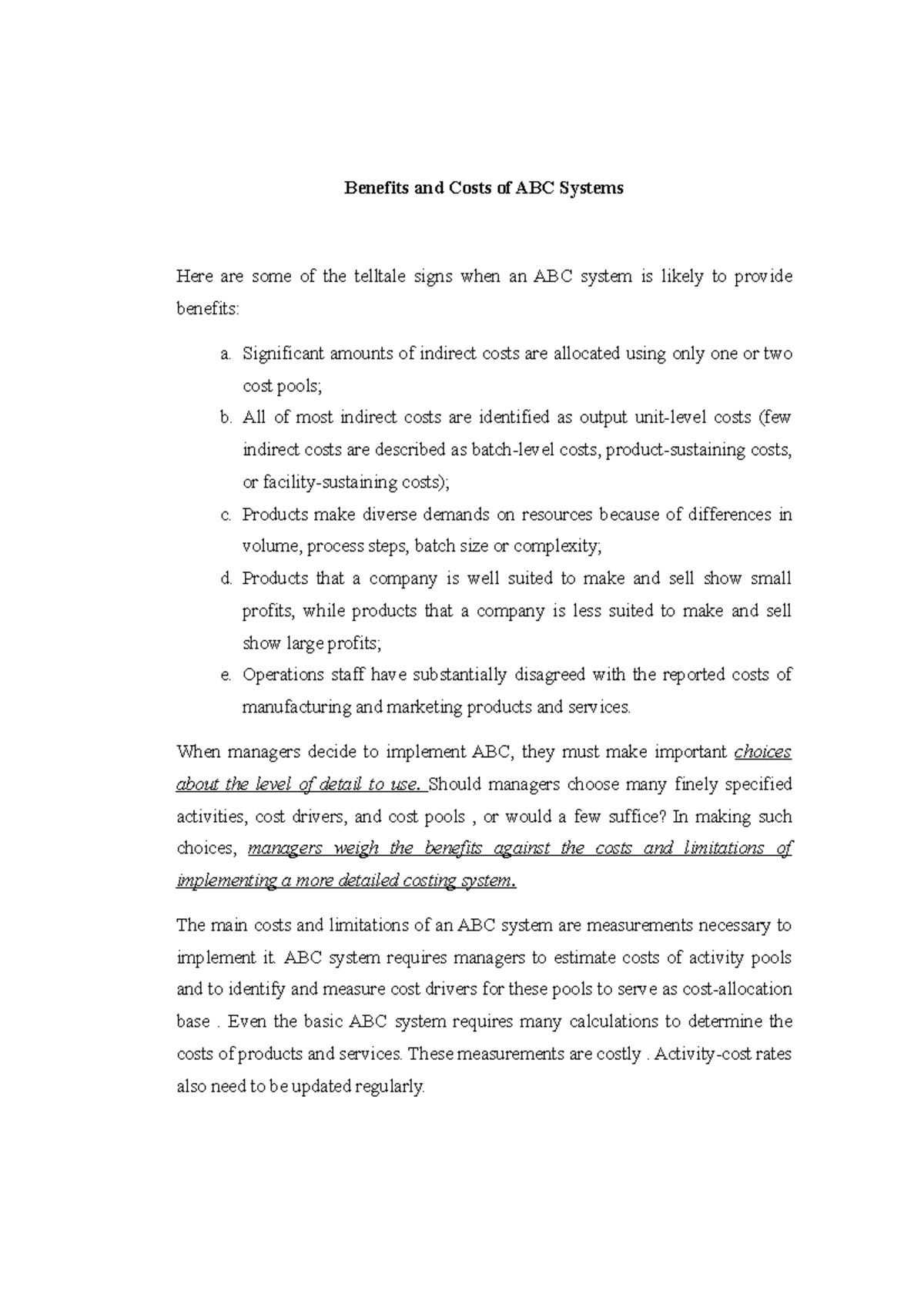 Benefits and Costs of ABC Systems - Significant amounts of indirect ...