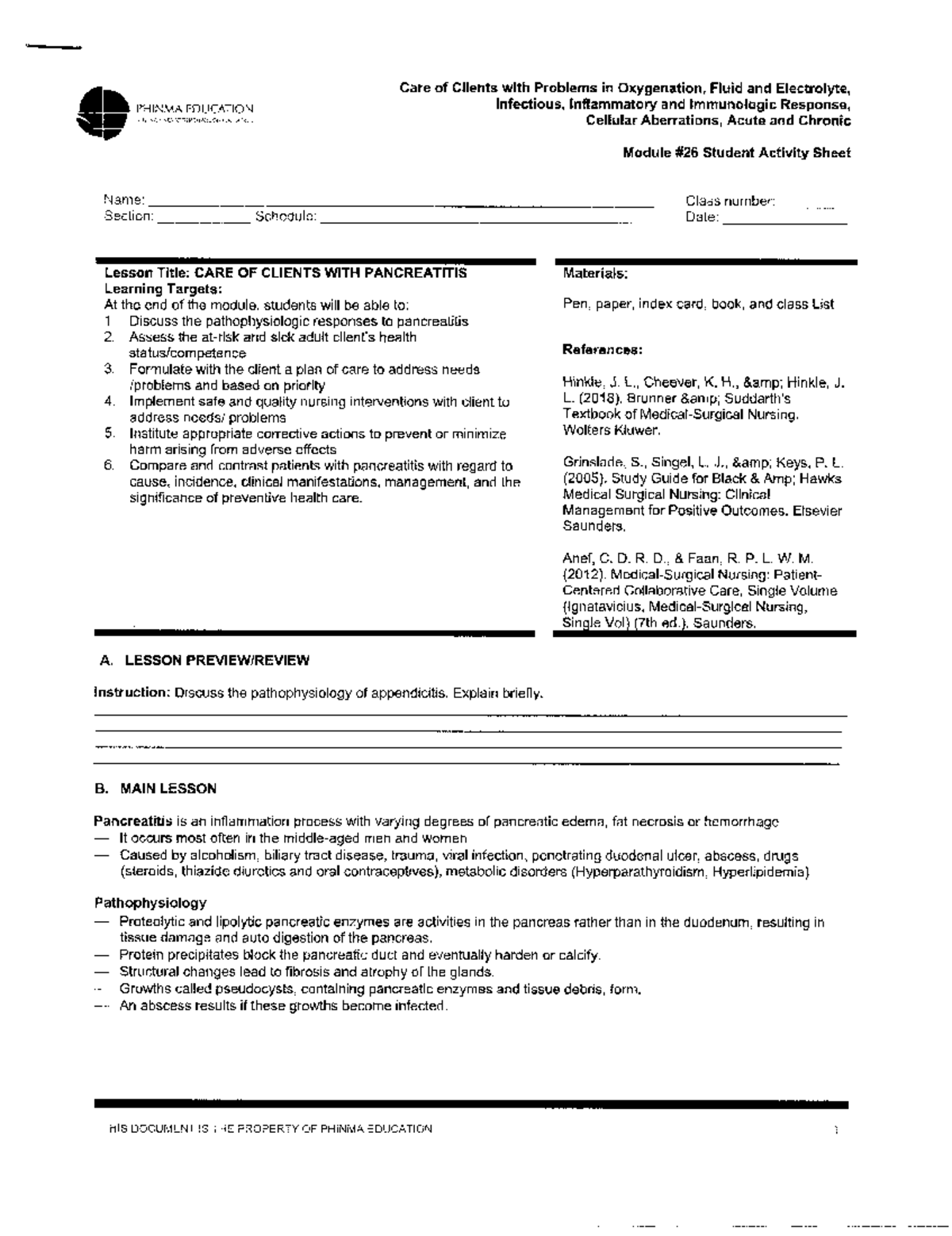Pancreatitis - Medical Surgical Nursing I - Studocu