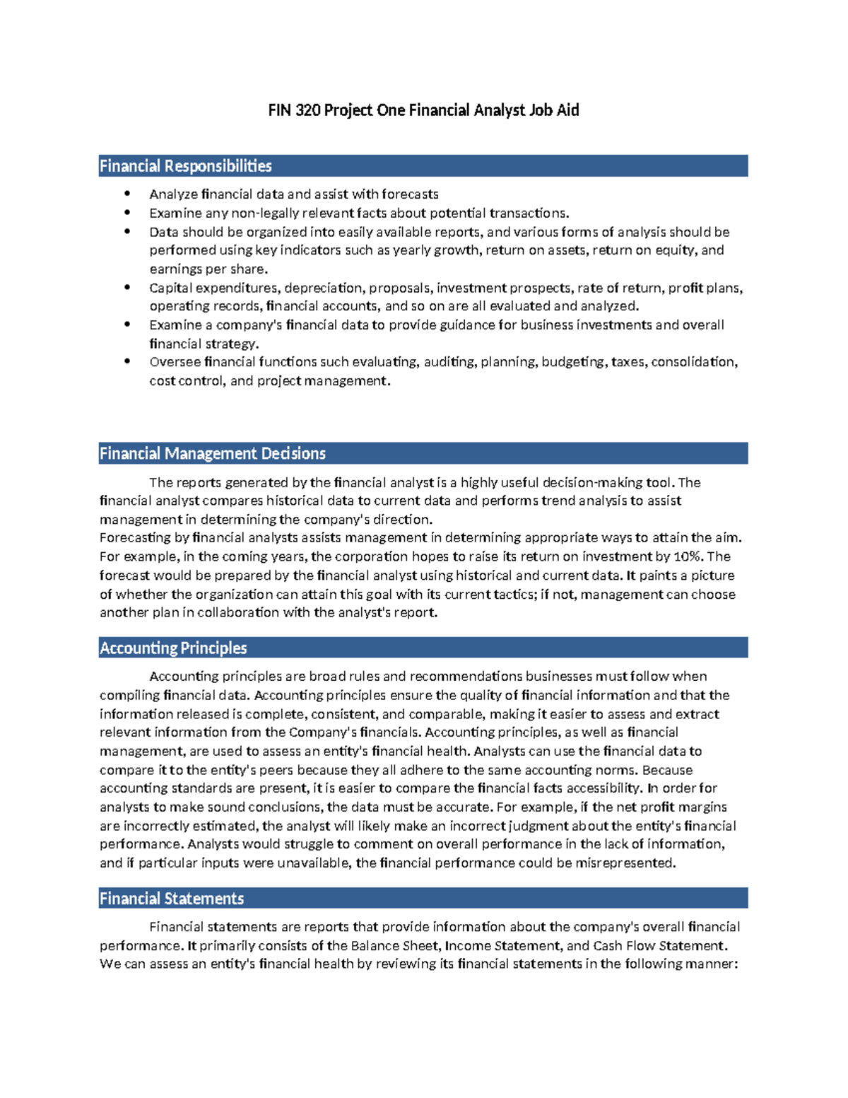 FIN 320 Project One Financial Analyst Job Aid - Data should be ...
