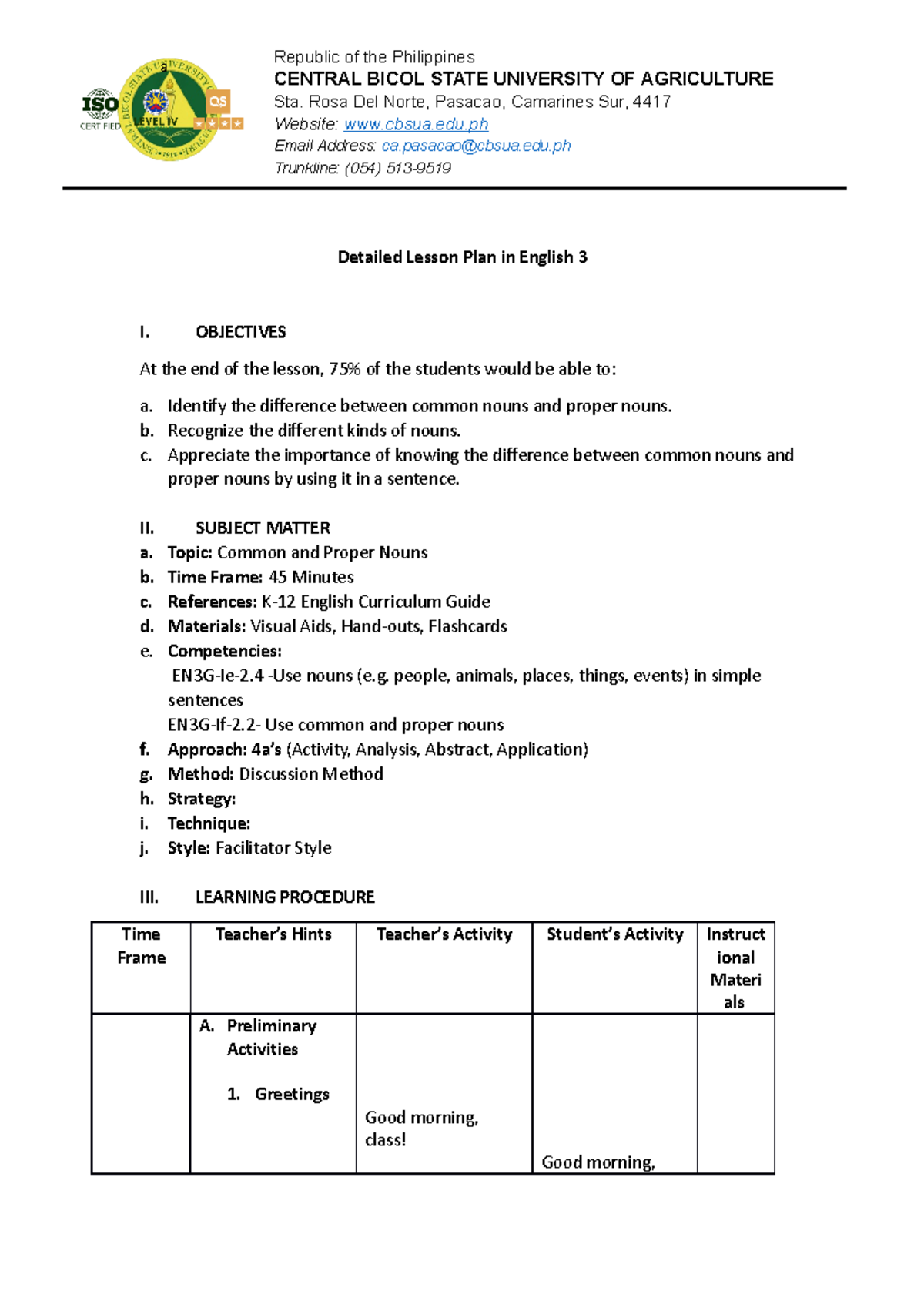 Common and Proper Nouns DLP - CENTRAL BICOL STATE UNIVERSITY OF ...