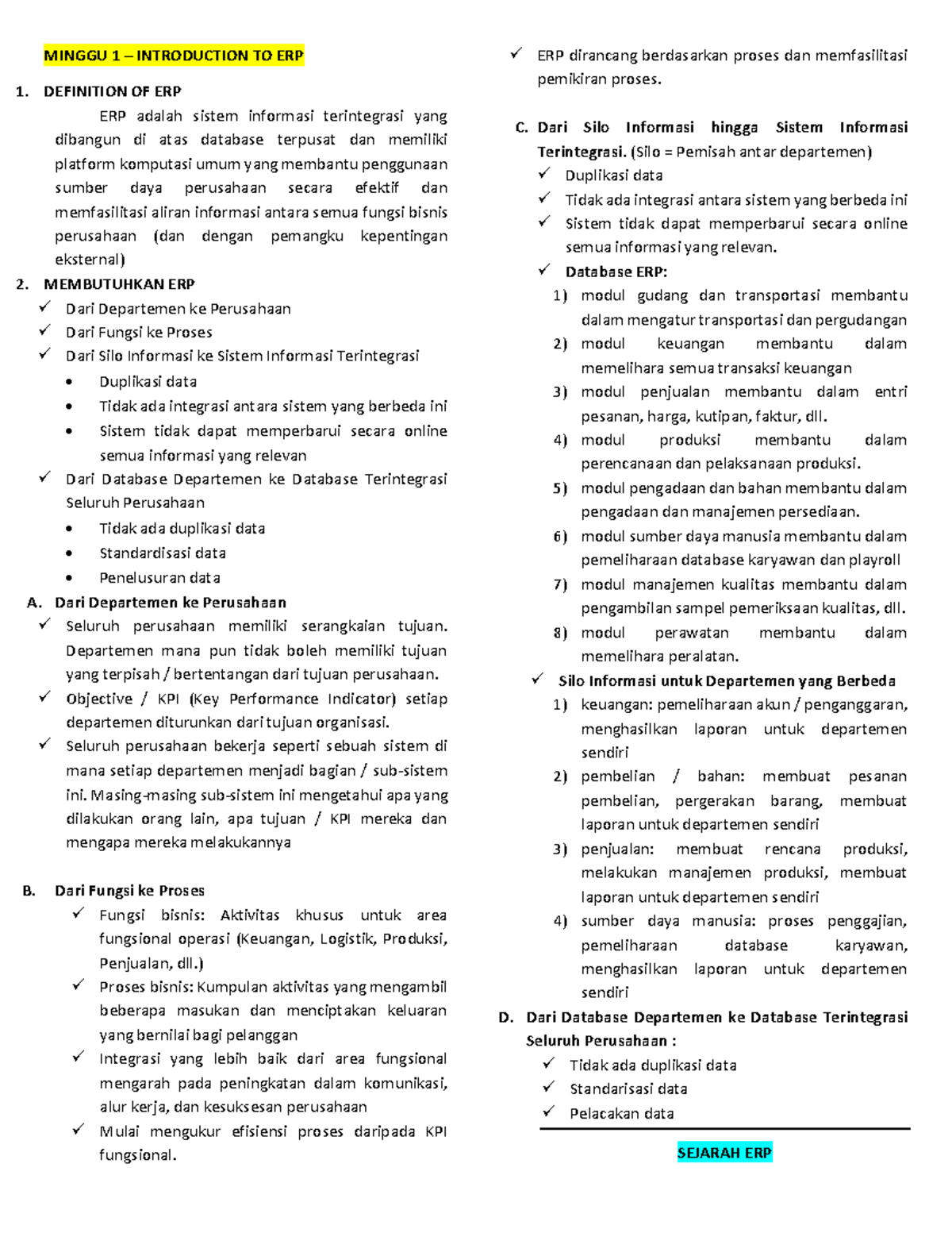 [ERP] Rangkuman UTS - Summaries of examination ERP - MINGGU 1 – INTRODUCTION TO ERP 1 ...