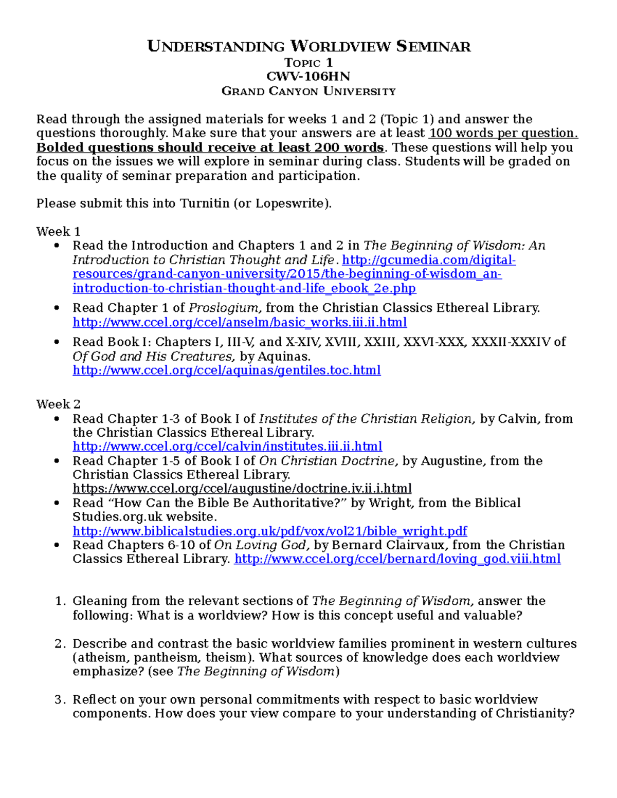 1 Understanding Worldview Seminar - CWV 101 - GCU - Studocu