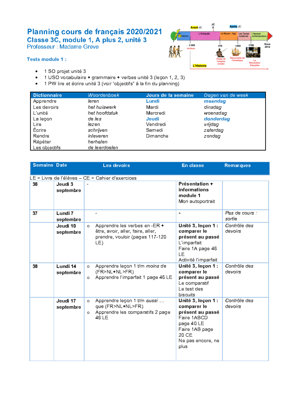 Français- planning periode 1 3C - Planning cours de français 2020 ...