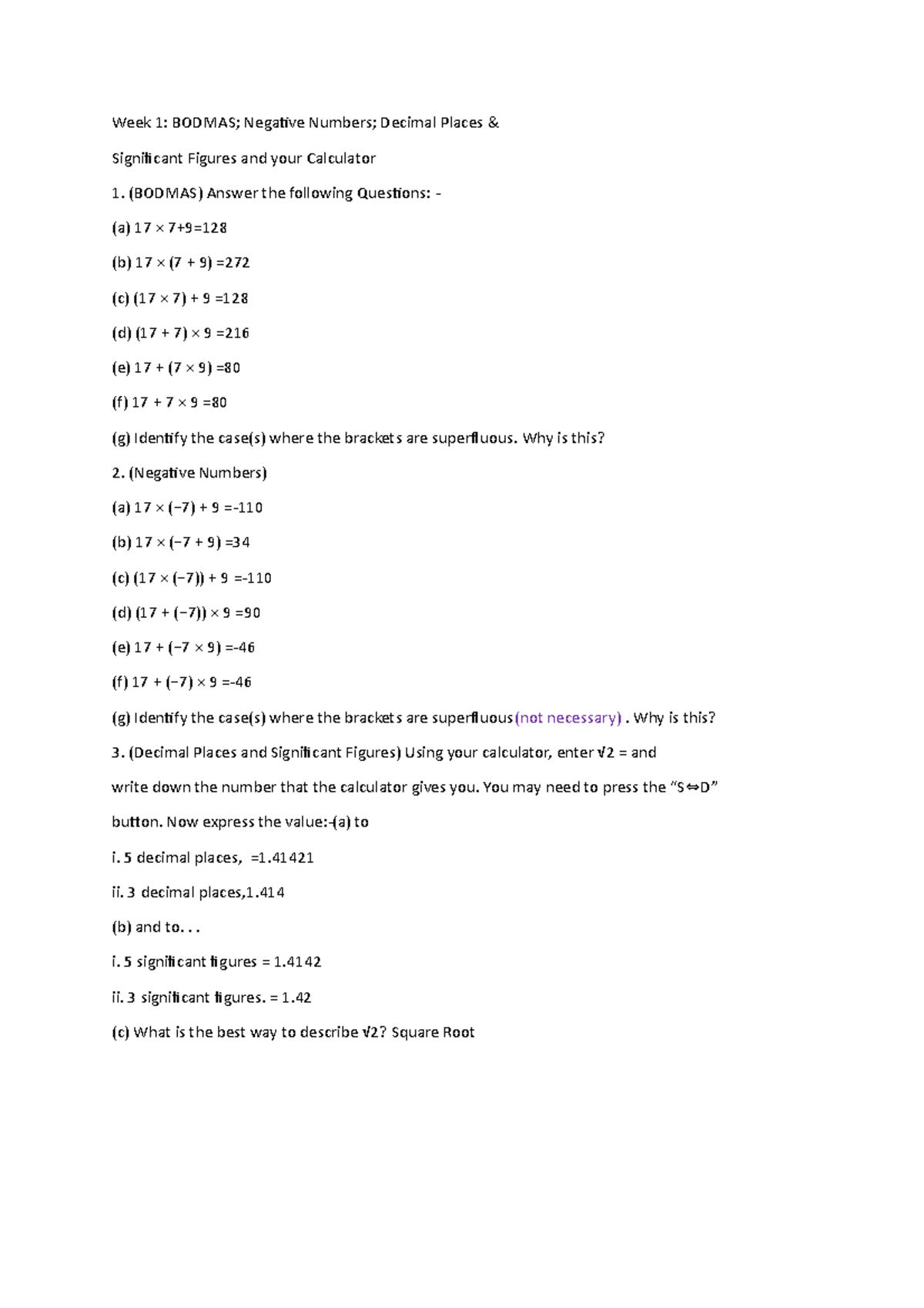 Week 1 Bodmas - questions - Week 1: BODMAS; Negative Numbers; Decimal ...