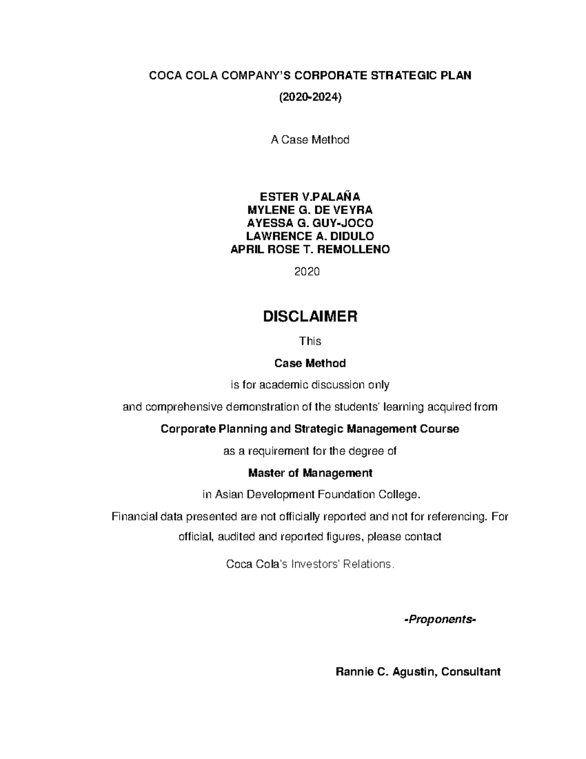 Coca Cola Corporate Strategic Plan - COCA COLA COMPANY’S CORPORATE ...