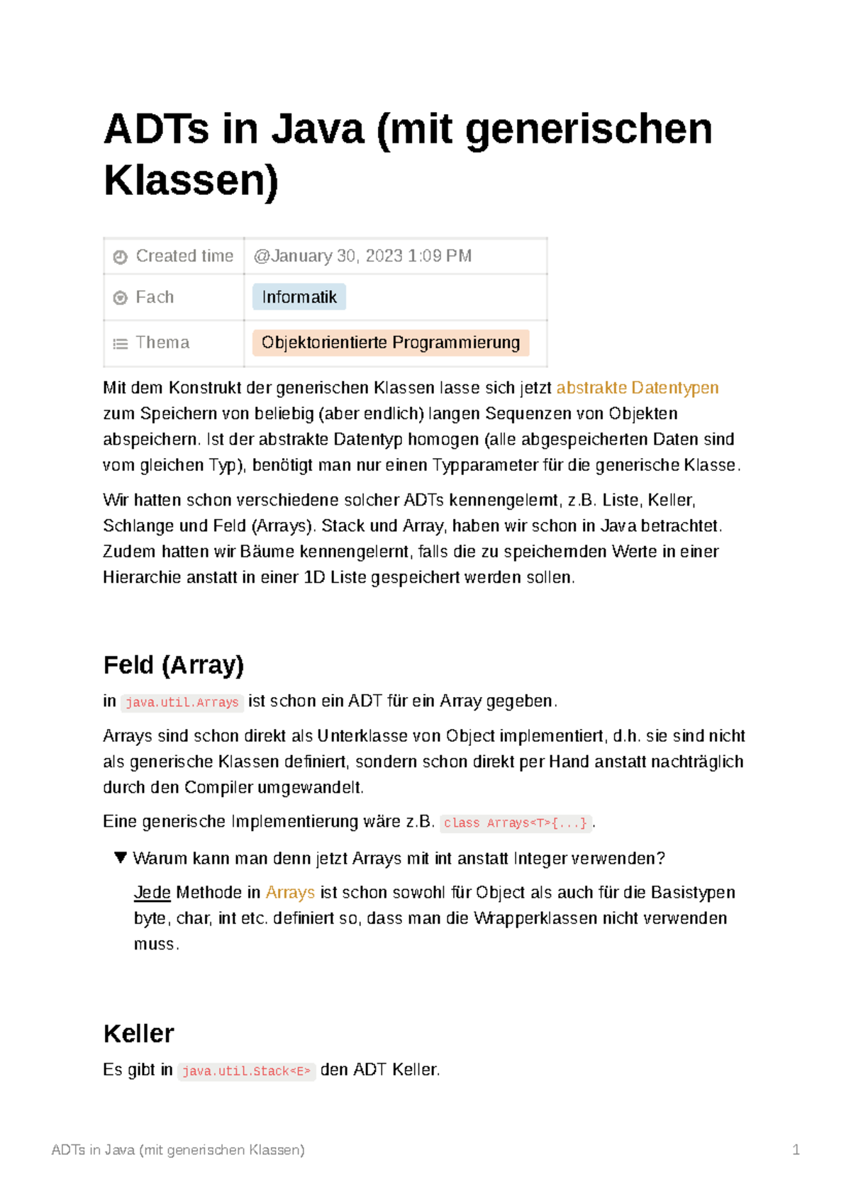 ADTs in Java (mit generischen Klassen) - ADTs in Java (mit generischen Klassen) Created time ...
