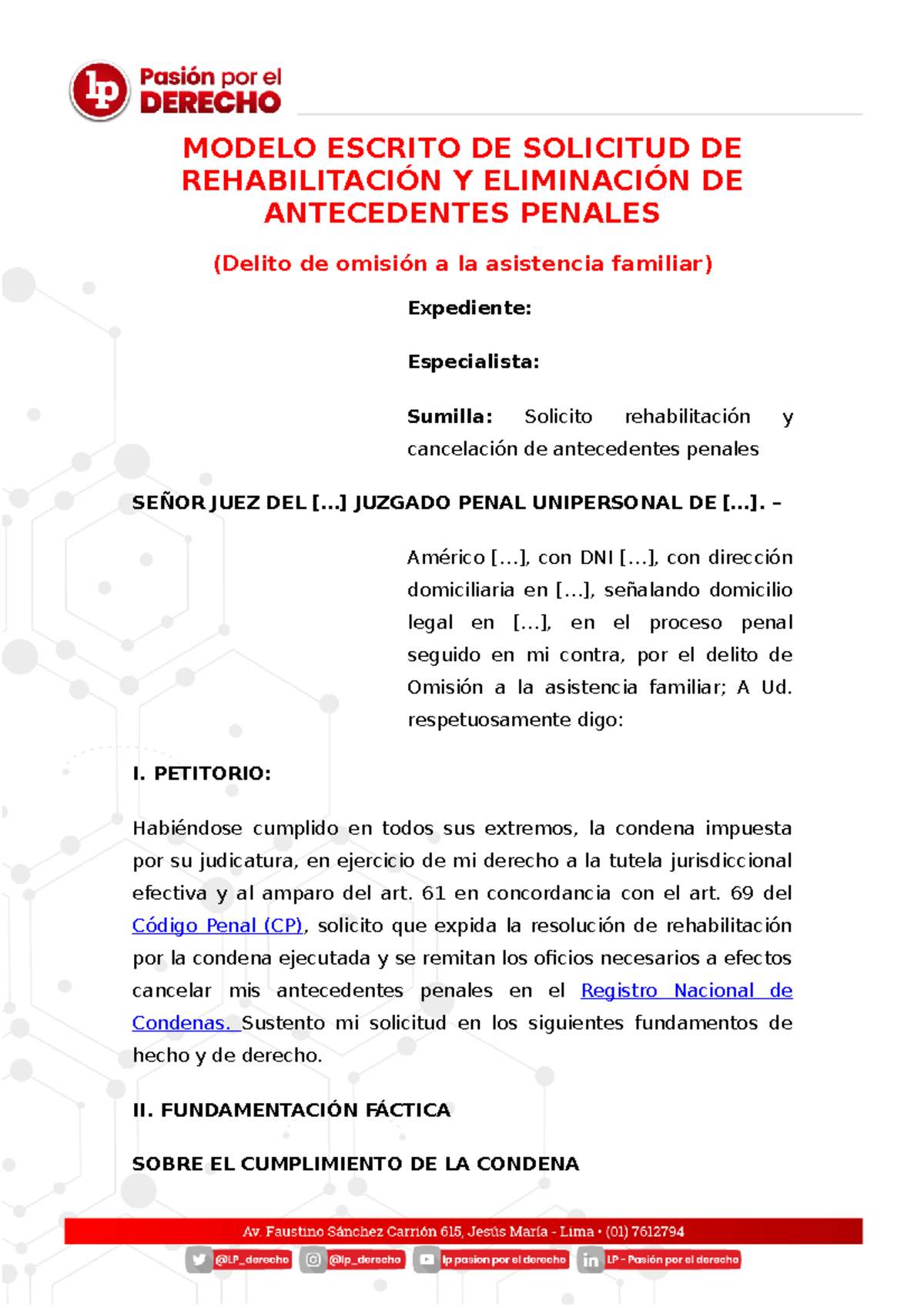 Modelo Escrito De Solicitud De Rehabilitación Y Eliminación De ...