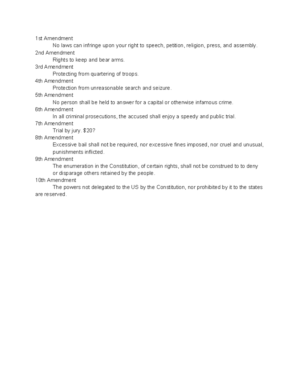 Bill of Rights - Notes from class - 1st Amendment No laws can infringe ...
