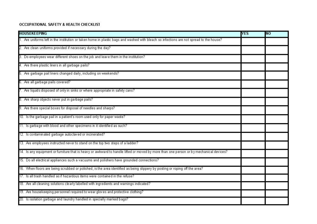 Occupational Safety and Health Checklist v1 - OCCUPATIONAL SAFETY ...