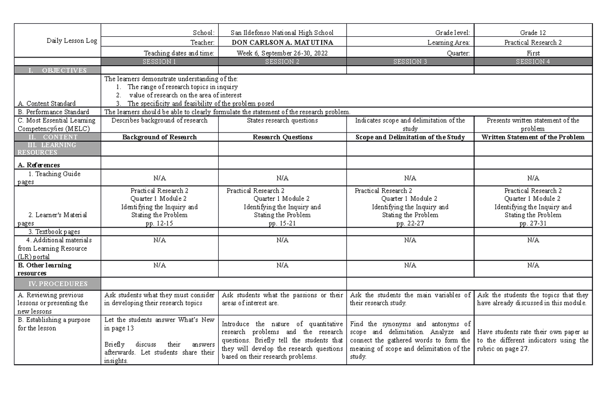 PR2 Quarter 1 WEEK 6 DLL - dll - Daily Lesson Log School: San Ildefonso National High School ...