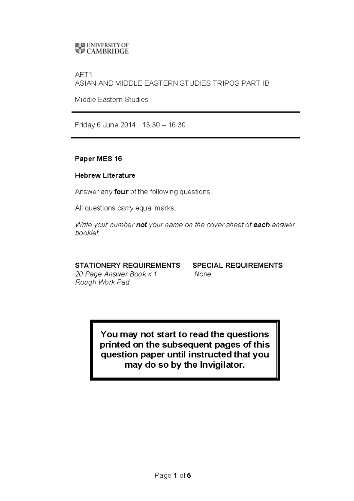 Exam 2014, questions - AET1 ASIAN AND MIDDLE EASTERN STUDIES TRIPOS ...
