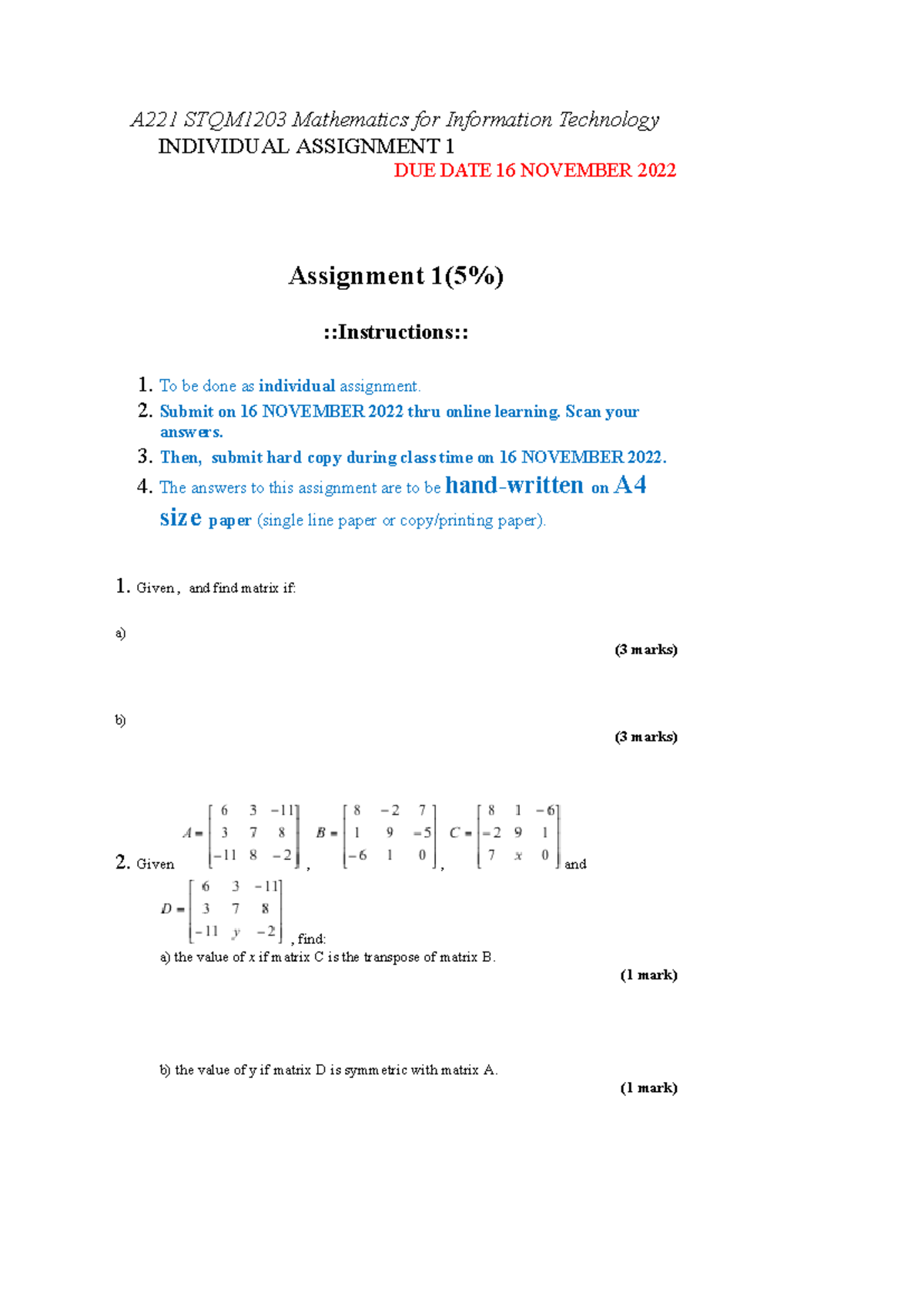 Assignments mathematics IT - A221 STQM1203 Mathematics for Information Technology INDIVIDUAL ...