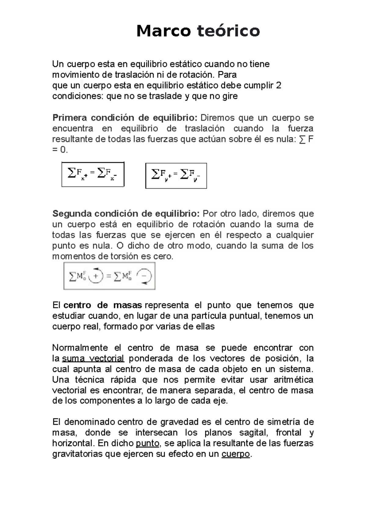 Marco teorico - Laboratorio fs100 - Marco teórico Un cuerpo esta en equilibrio estático cuando ...