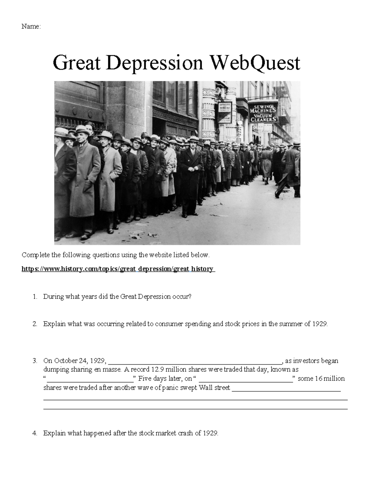 Great Depression Web Quest - Name: Great Depression WebQuest Complete ...