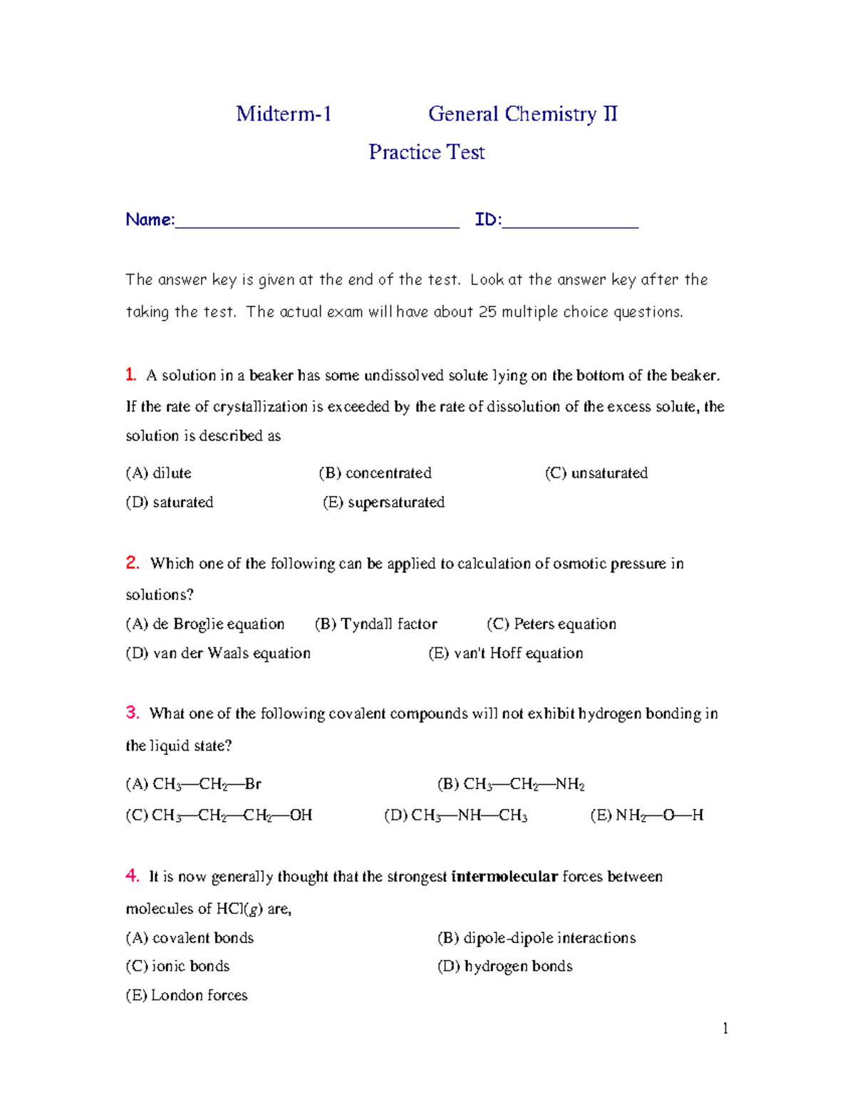 Midterm-1Practice Test Chem 1032F2014 - Midterm-1 General Chemistry II ...