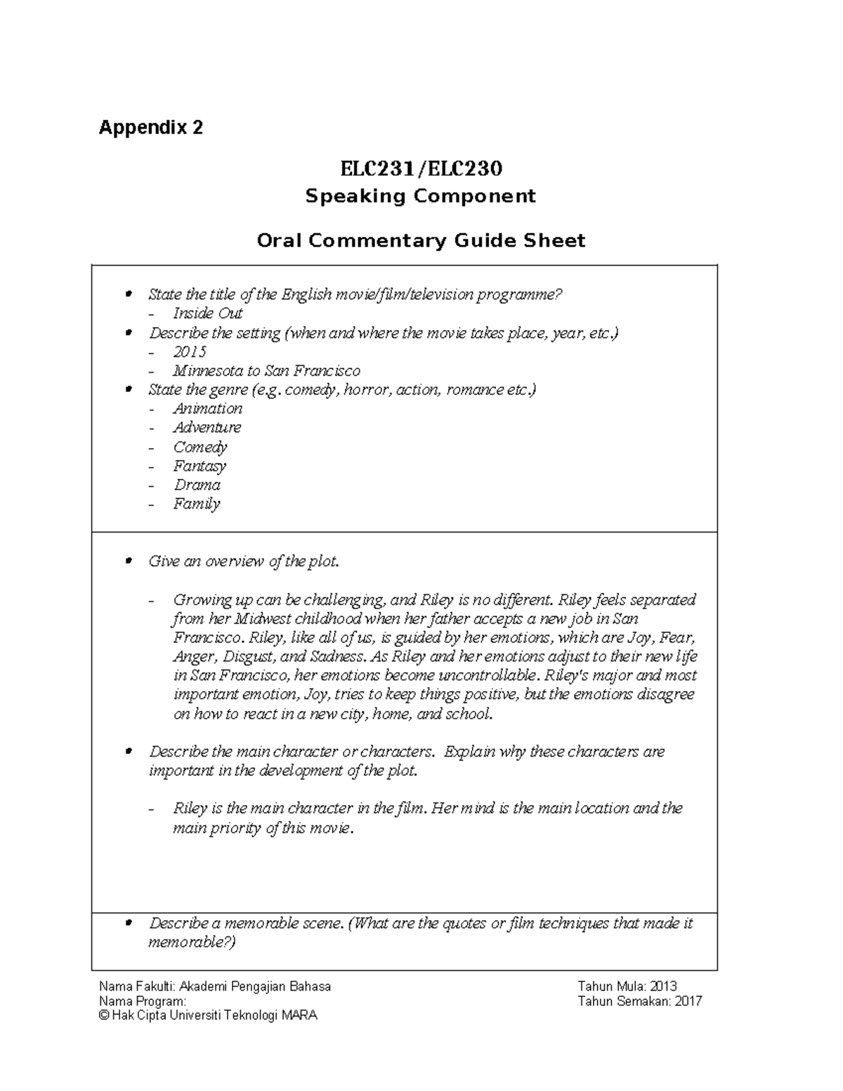 ELC 231 Oral Commentary Guide Sheet Appendix 3 2020 - Appendix 2 ELC231 ...