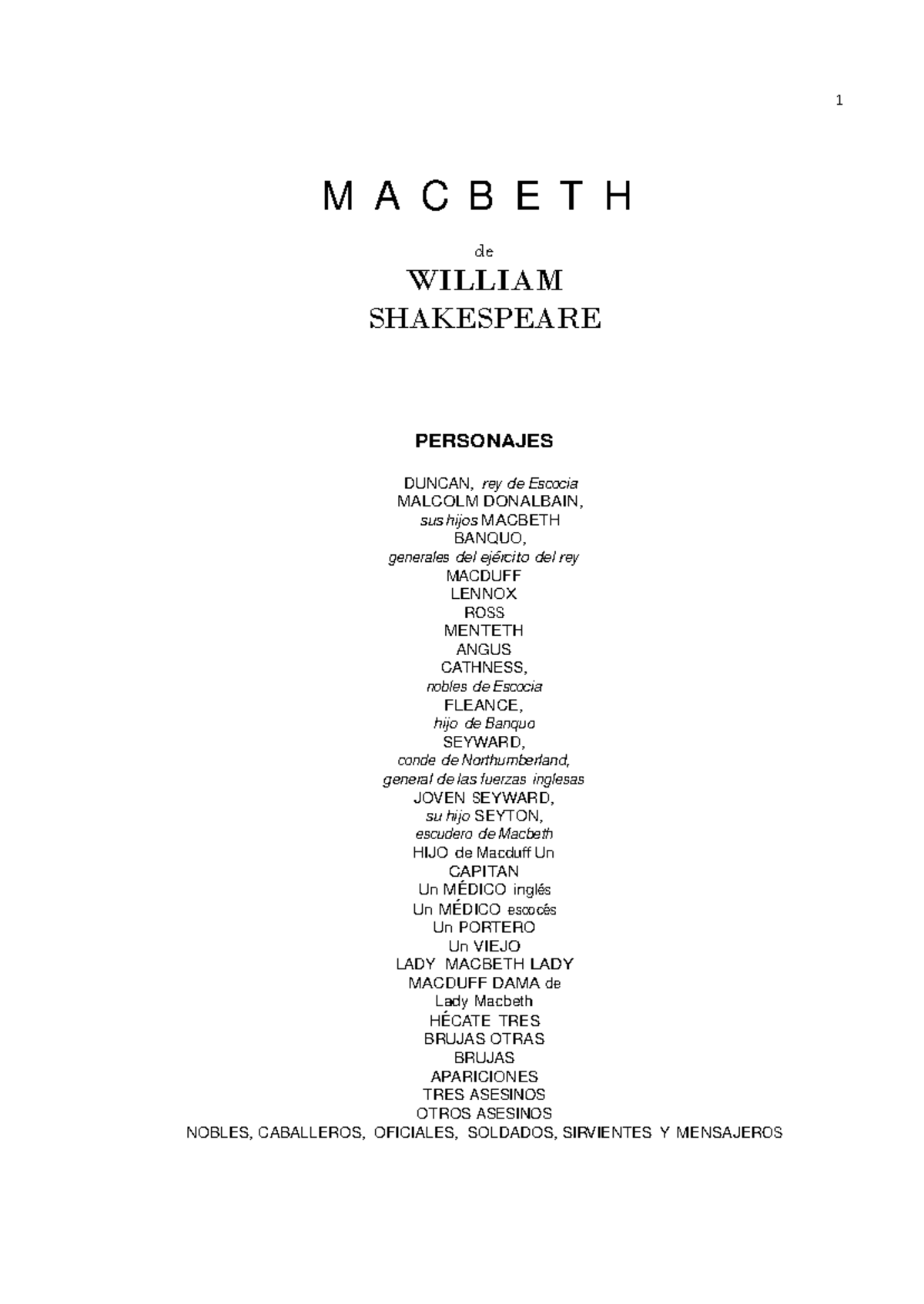 Shakespeare-Macbeth - 1 M A C B E T H de WILLIAM SHAKESPEARE PERSONAJES ...