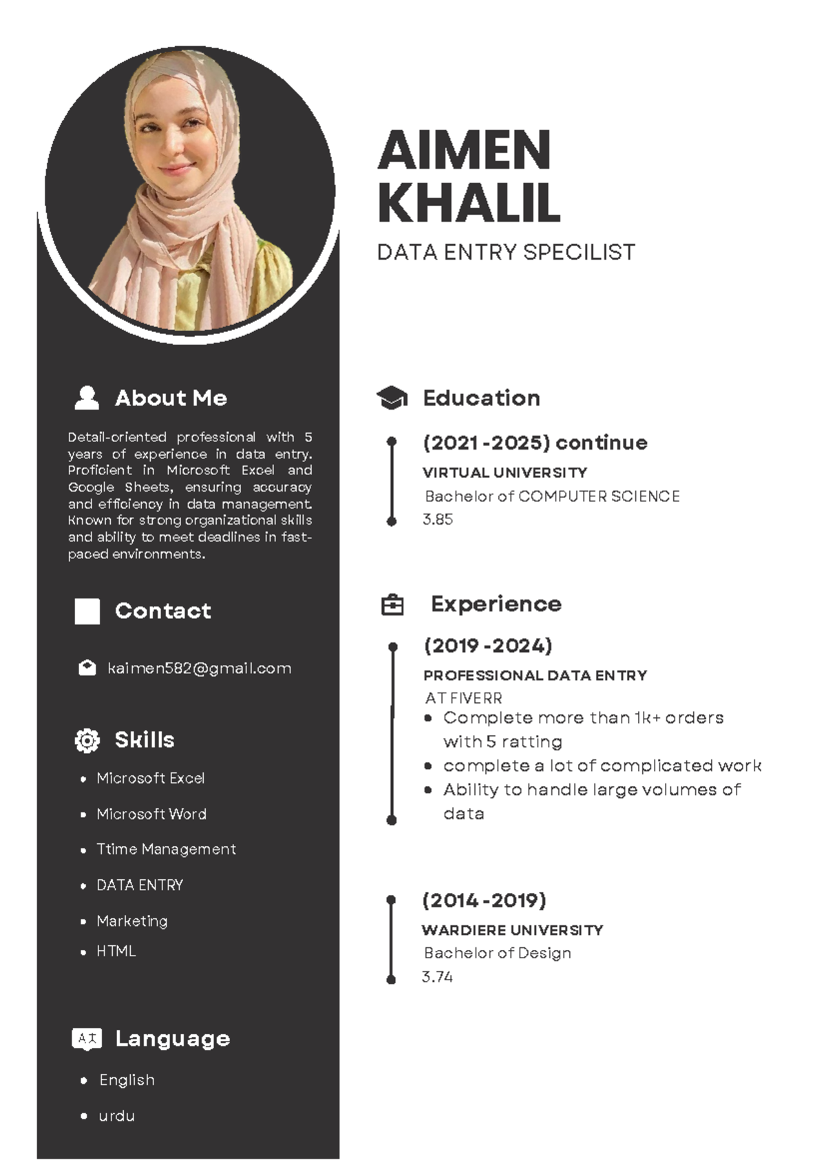 Modern Minimalist CV Resume - AIMEN KHALIL DATA ENTRY SPECILIST Education Experience VIRTUAL ...