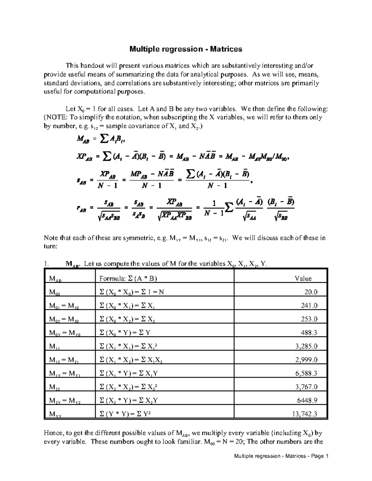 Multiple regression - Matrices - As we will see, means, standard ...
