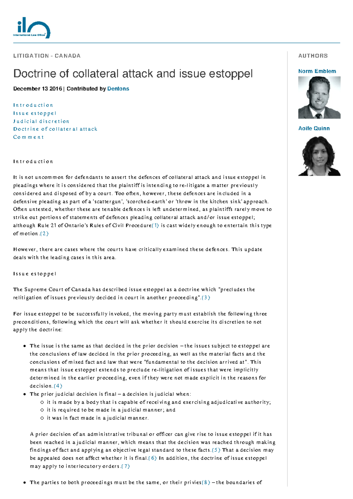 Doctrine of collateral attack and issue estoppel - LITIGATION - CANADA ...