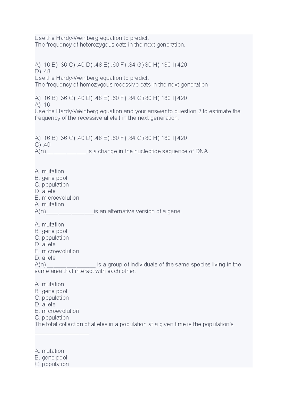 7 - Biology Diversity - Use the Hardy-Weinberg equation to predict: The ...