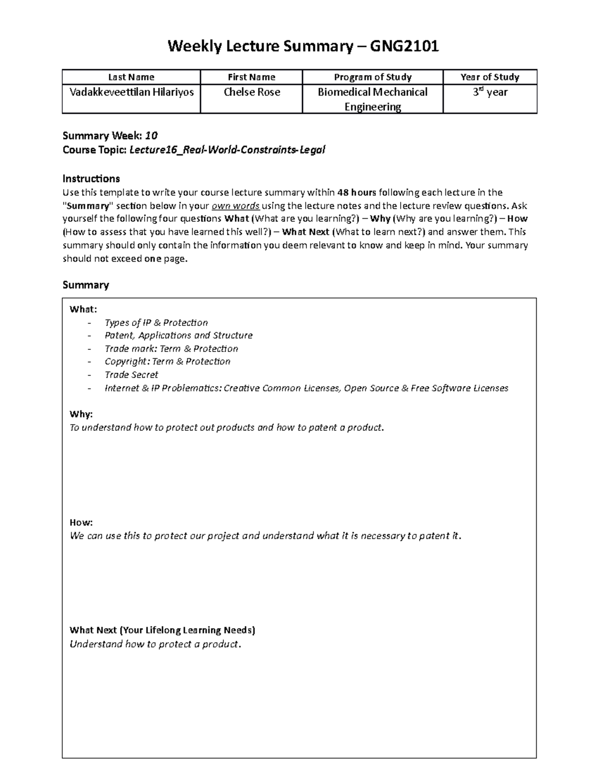 Weekly Lecture Summary Gng2101 Weekly Lecture Summary Gng Last Name First Name Program Of
