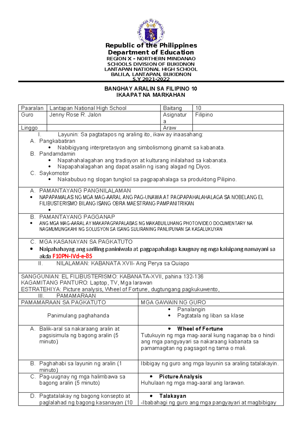 Lesson plan demo el fili kabanata 17 - Republic of the Philippines ...