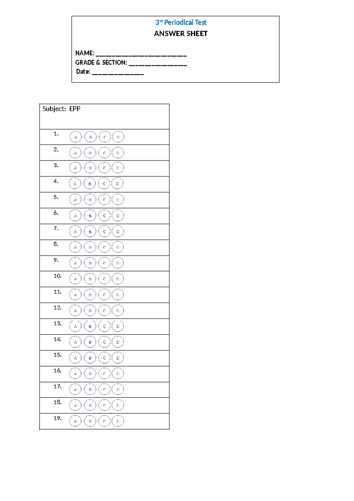 Answer Sheet EPP - BS Education - 3 rd Periodical Test ANSWER SHEET ...