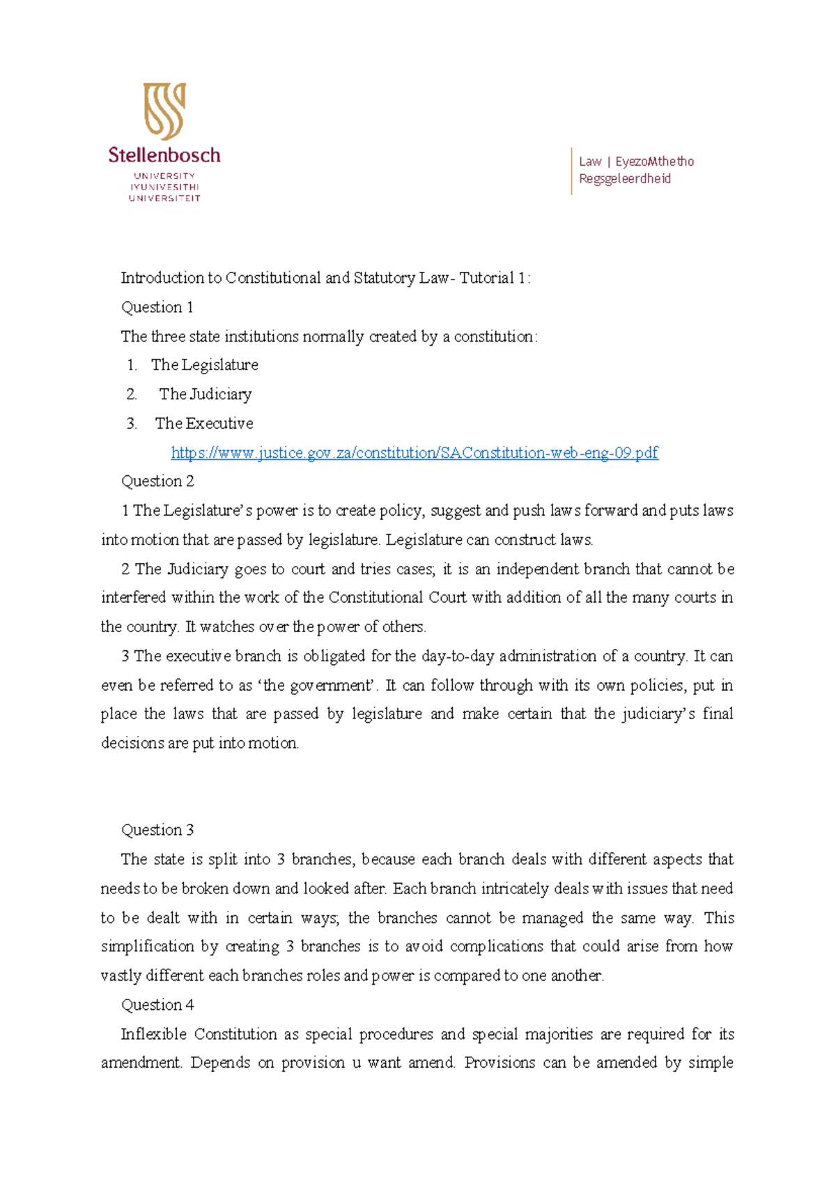 Intro to Con Law Tutorial 1 - Regsgeleerdheid Introduction to Constitutional and Statutory Law ...