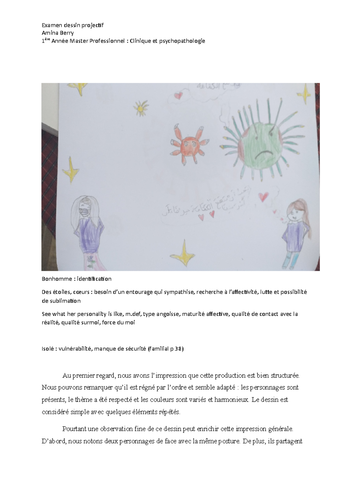 analyse d'un dessin - Examen dessin projectif Amina Berry 1 ère Année ...