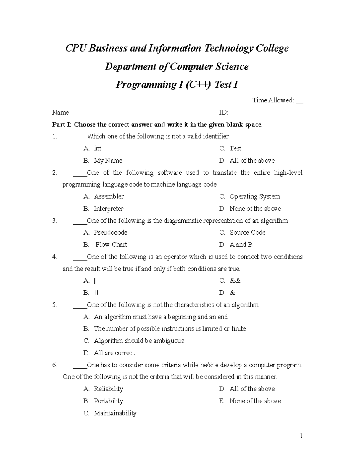 Test 1 13 September 2017, questions - CPU Business and Information ...