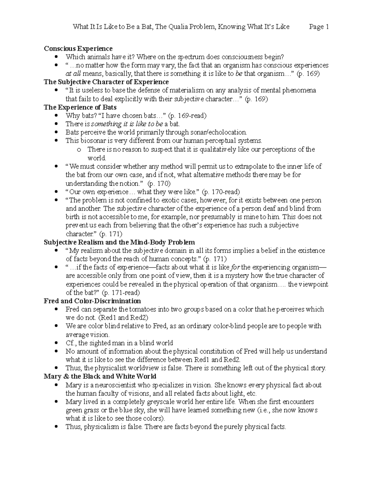 What It's Like Lecture - What It Is Like to Be a Bat, The Qualia ...