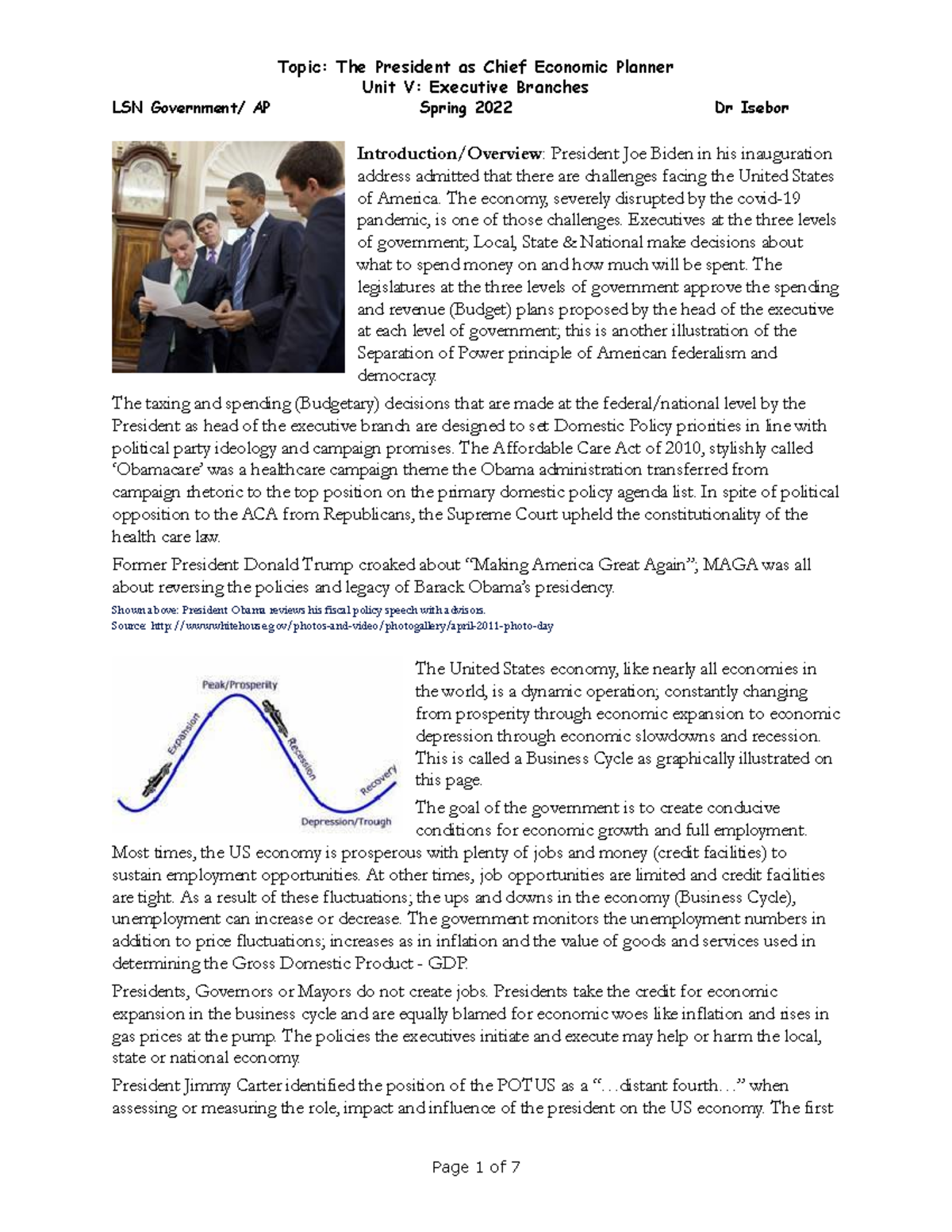 The President as Chief Economic Planner - Unit V: Executive Branches ...