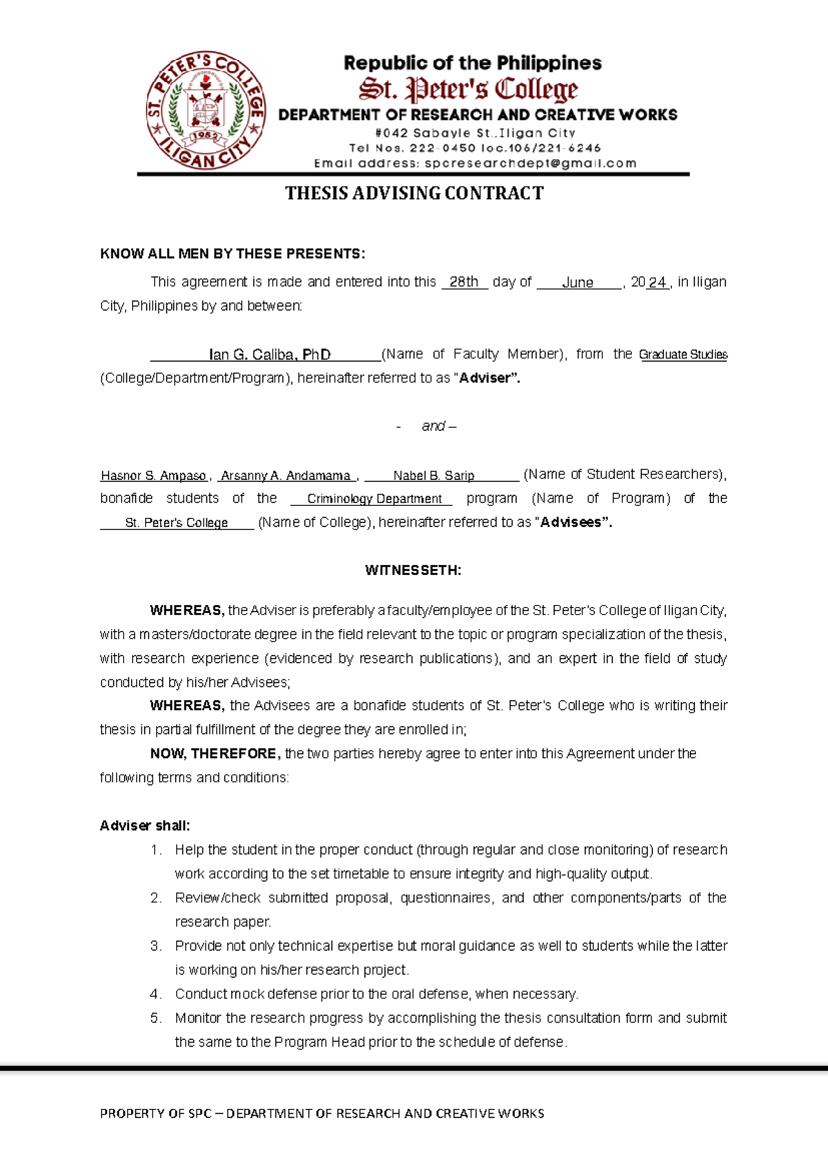 THESIS ADVISING CONTRACT FOR RESEARCH PAPER WITH APPLICABLE NOTARY ...