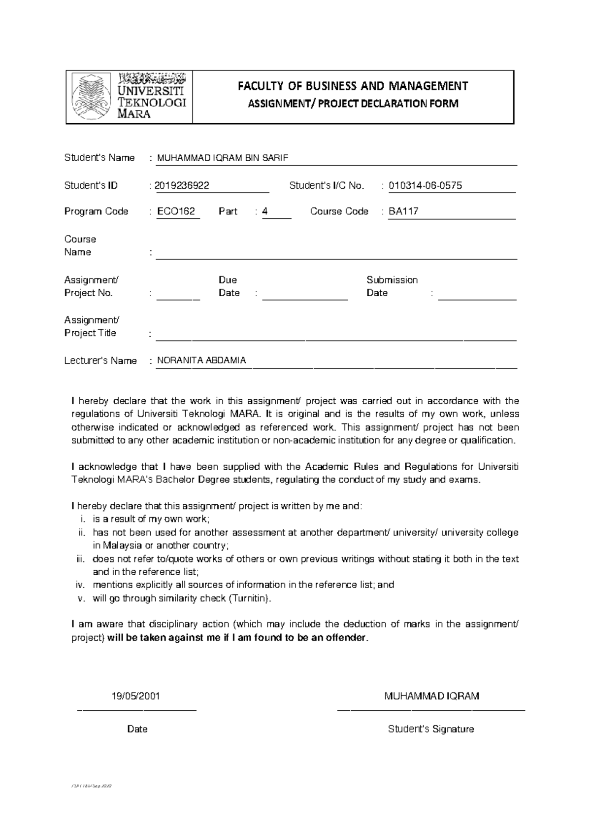 Assignment Project Declaration Form ECO1622 - FACULTY OF BUSINESS AND ...