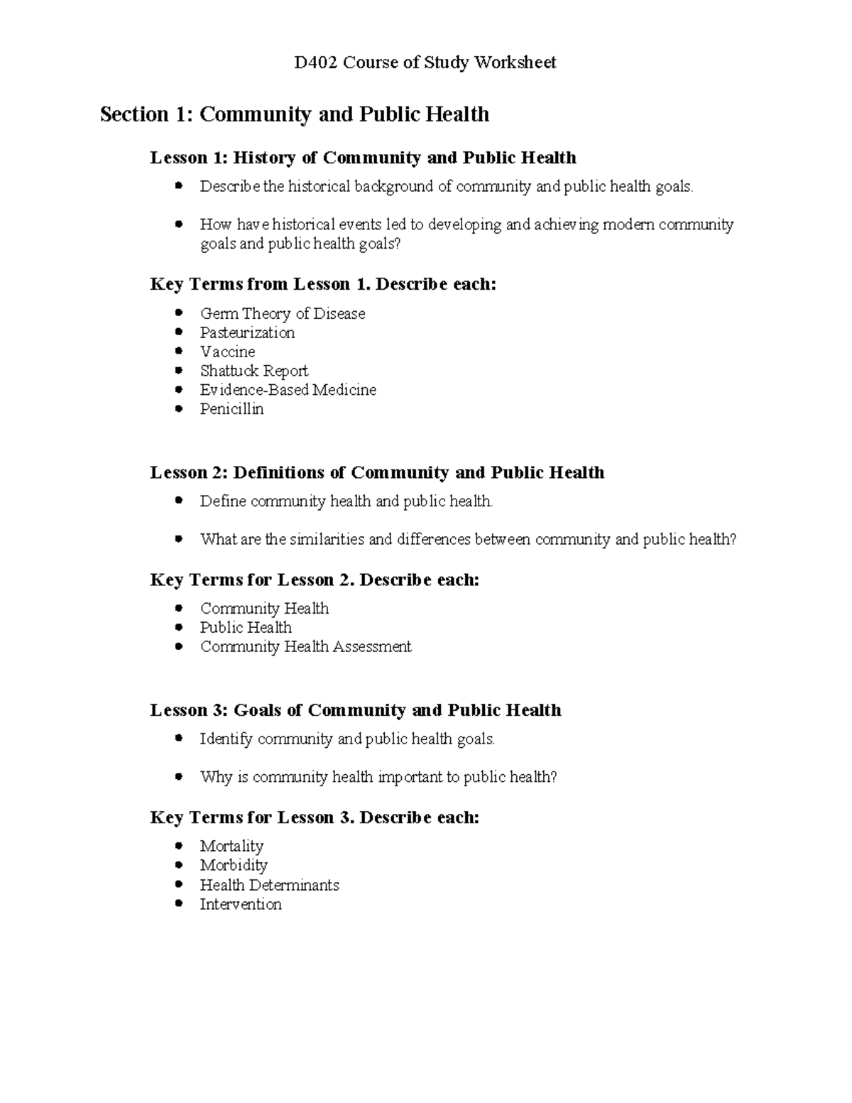 D402 Course of Study Worksheet - Section 1: Community and Public Health ...