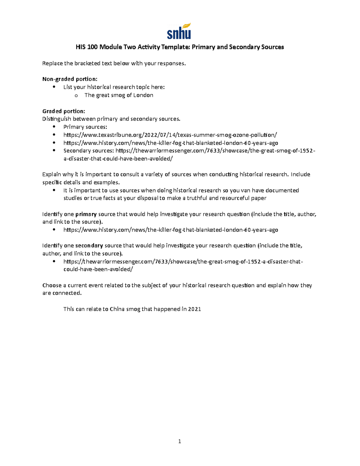 HIS 100 Module 2-2 - HIS 100 Module Two Activity Template: Primary and ...