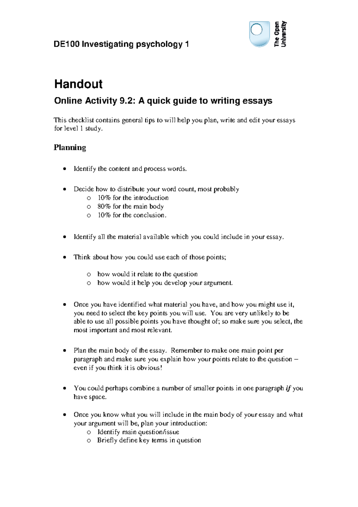 Online Activity 9.2 handout essay skills - DE100 Investigating ...