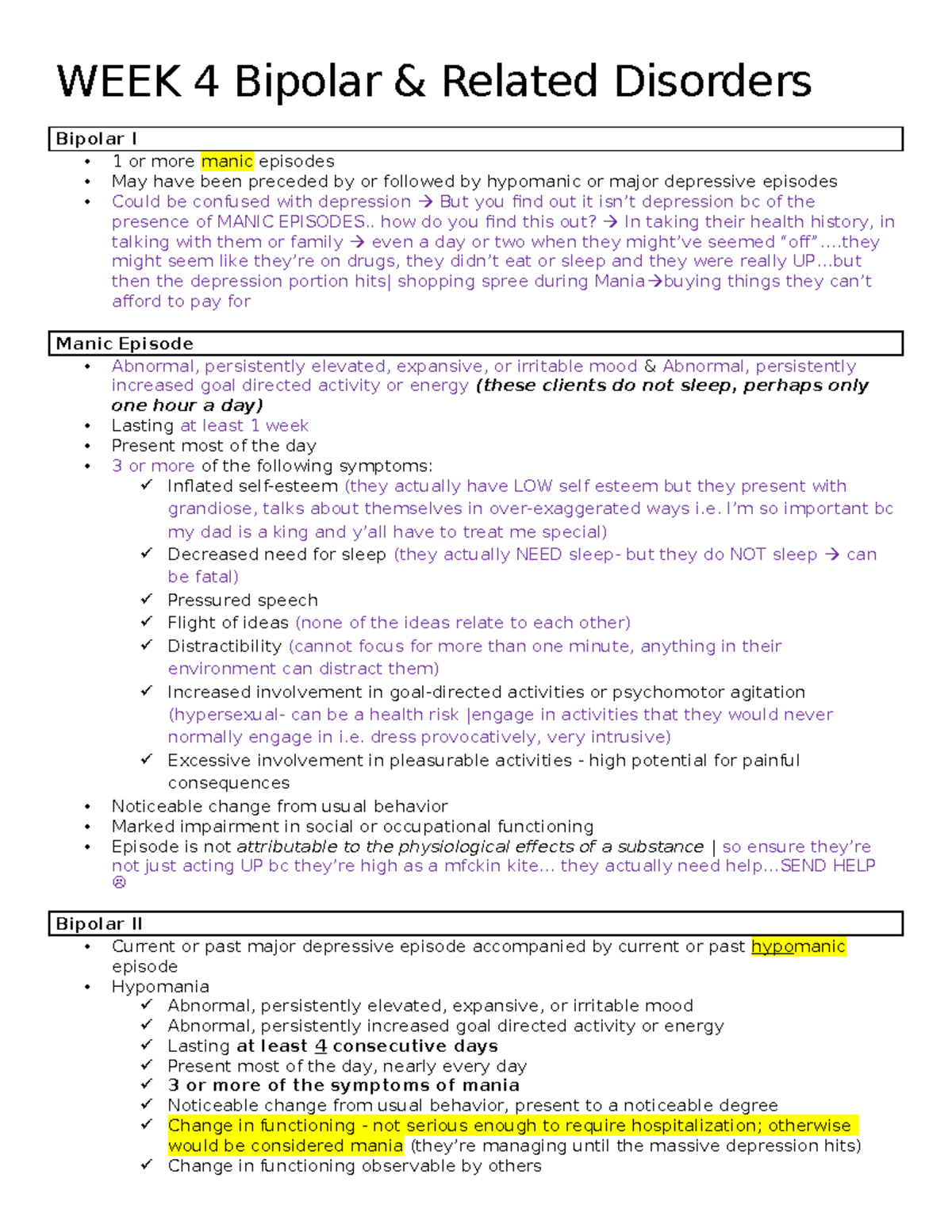 WEEK 4-11 - Lecture notes 4,5,6,7,8,9,10,11 - WEEK 4 Bipolar & Related ...