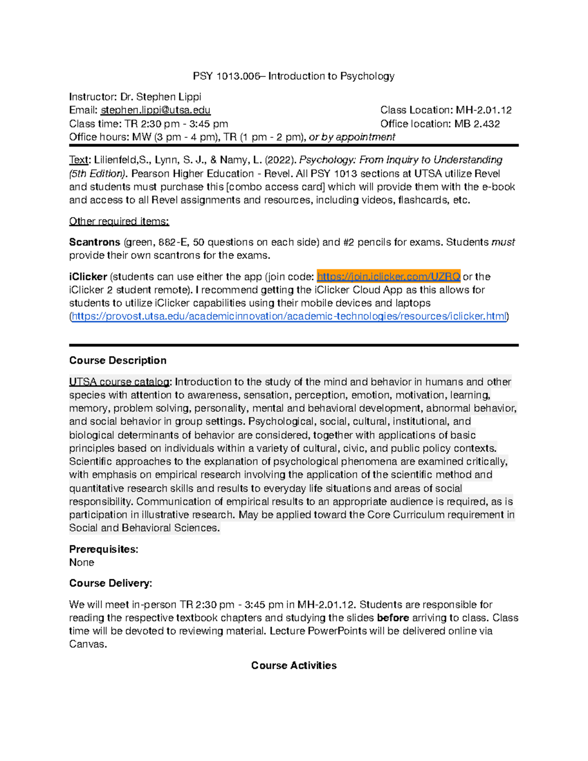 Syllabus Psy 1013 - PSY 1013– Introduction to Psychology Instructor: Dr ...